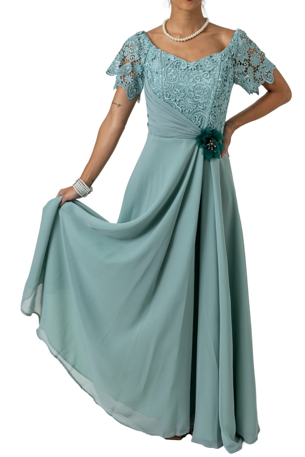 WD23 - Filipiniana Chiffon and 3D Lace Gown Sage Green – BARONG WAREHOUSE
