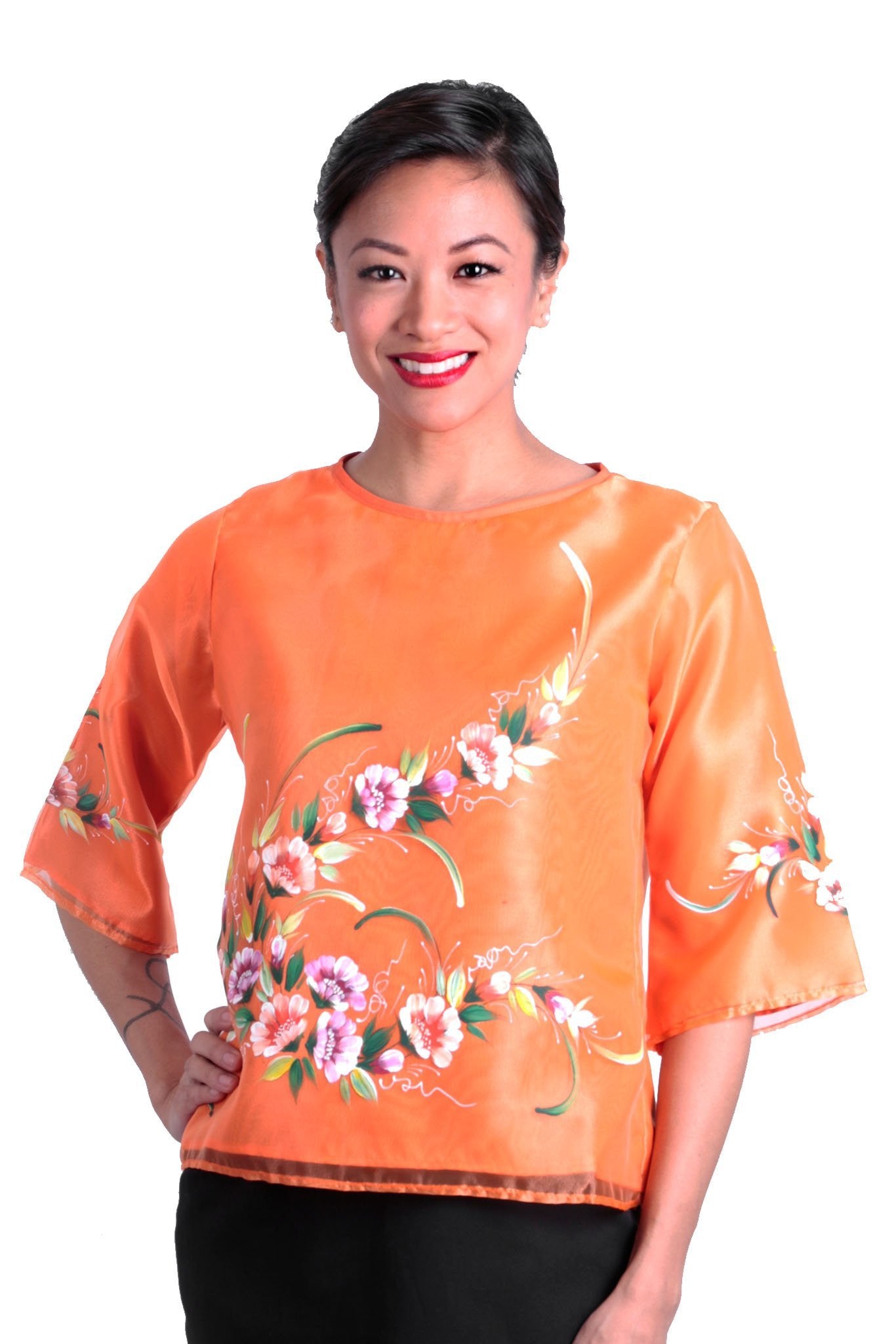 WK19 - MADE-TO-ORDER - Round Neck Kimona Orange - Filipiniana